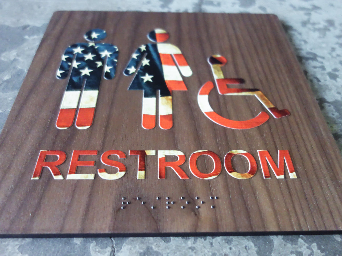 027 Unique ADA Restroom Bathroom Sign - American Flag Design - CHROMAT ...